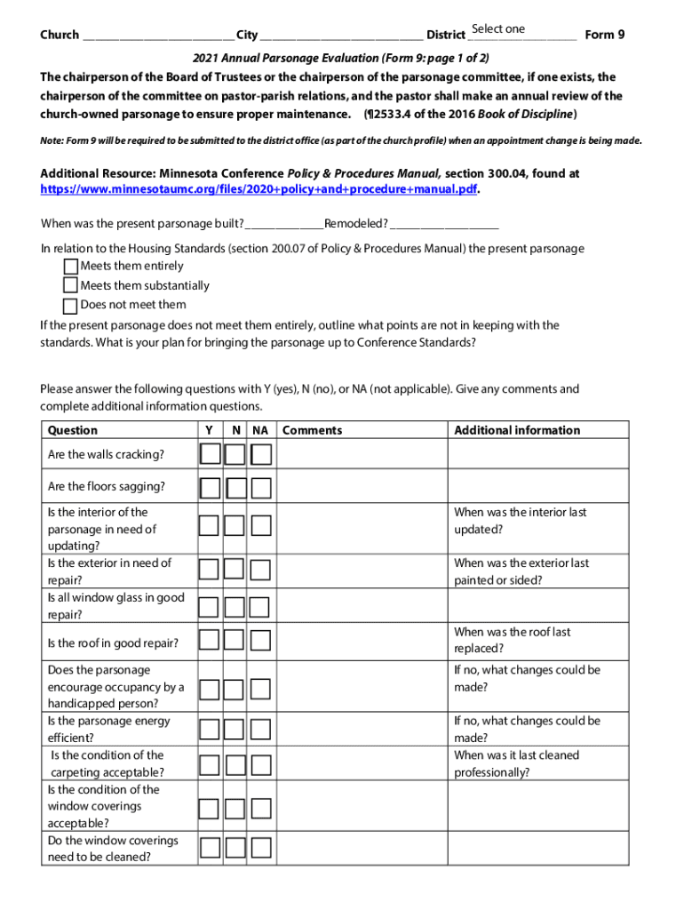Fillable Online 2021 Annual Parsonage Evaluation (Form 9: page 1 - Fill ...