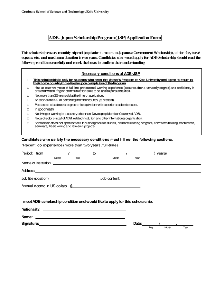 Fillable Online ADB- Japan Scholarship Program (JSP) Application Form ...