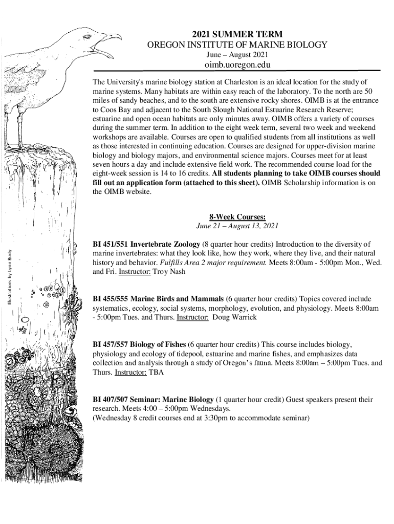 Fillable Online Summer Term - OIMB - The Oregon Institute of Marine ...