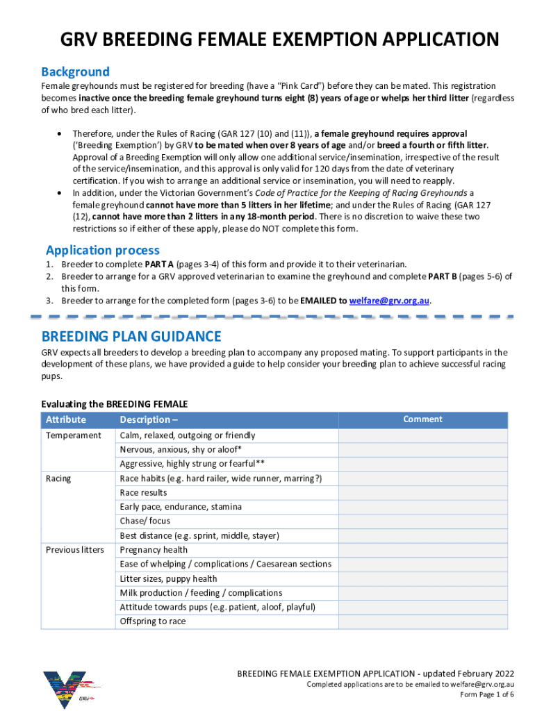 Fillable Online APPLICATION TO BREED FEMALE OVER EIGHT YEARS OF ... Fax ...