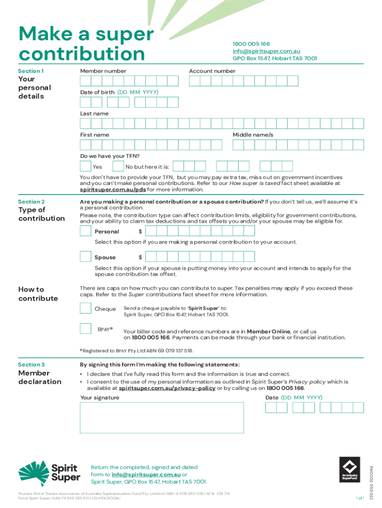 Fillable Online Make a super contribution. Use this form when making ...