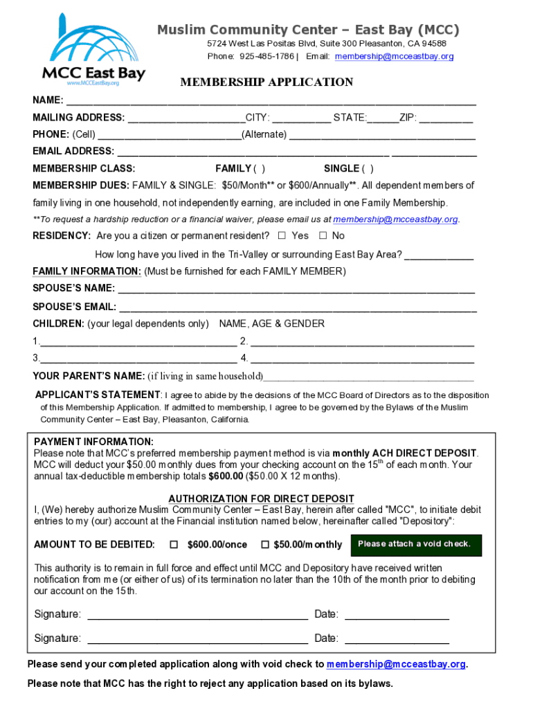 Fillable Online MCC East Bay - Membership Form Fax Email Print - pdfFiller