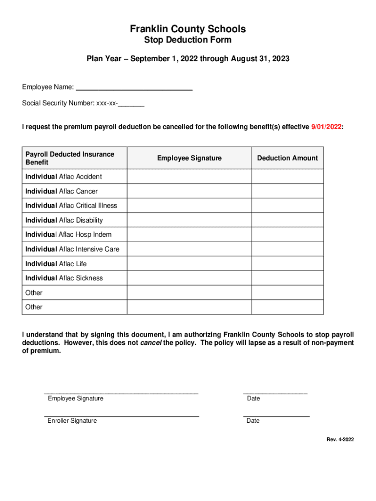 Fillable Online Franklin County Schools - Stop Deduction Form - Employees Fax Email Print ...