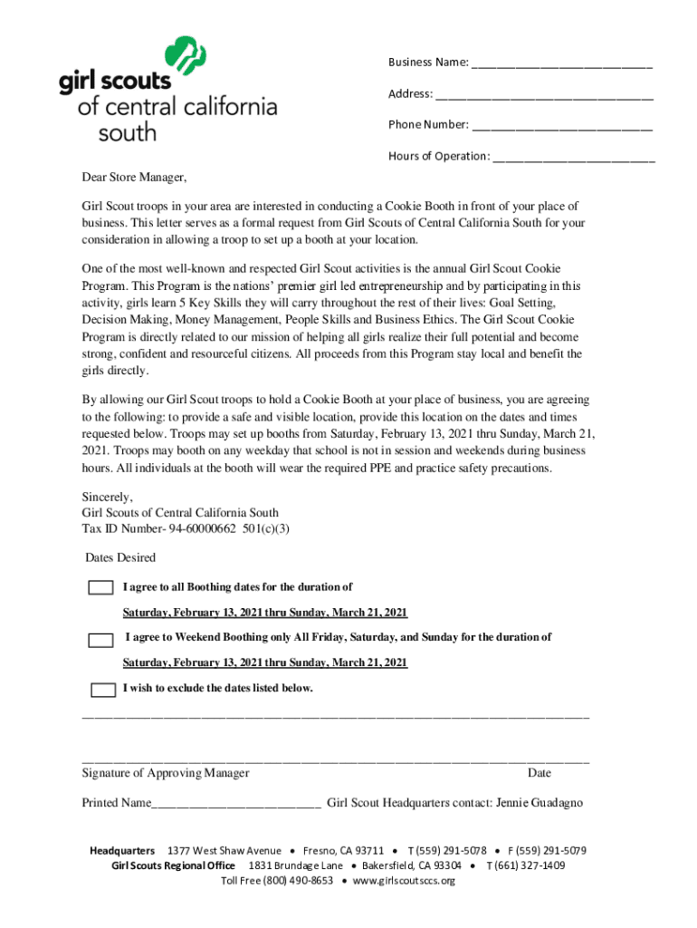 Fillable Online Cookie Booth Permission Form - Girl Scouts of Greater ...
