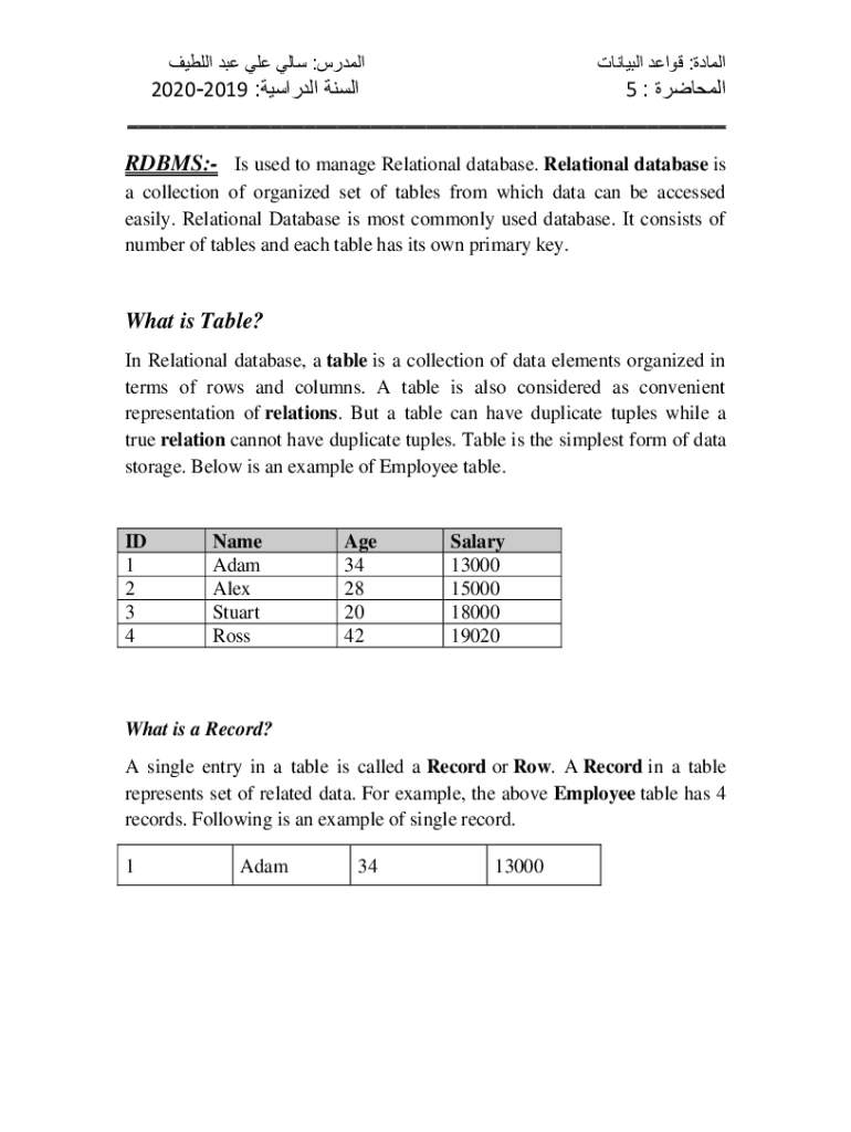Fillable Online uomustansiriyah edu RDBMS:- Is used to manage Relational database Fax Email ...