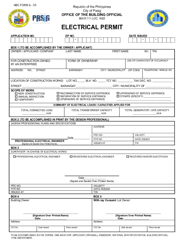 Fillable Online ELECTRICAL PERMIT - Pasig City Fax Email Print - pdfFiller
