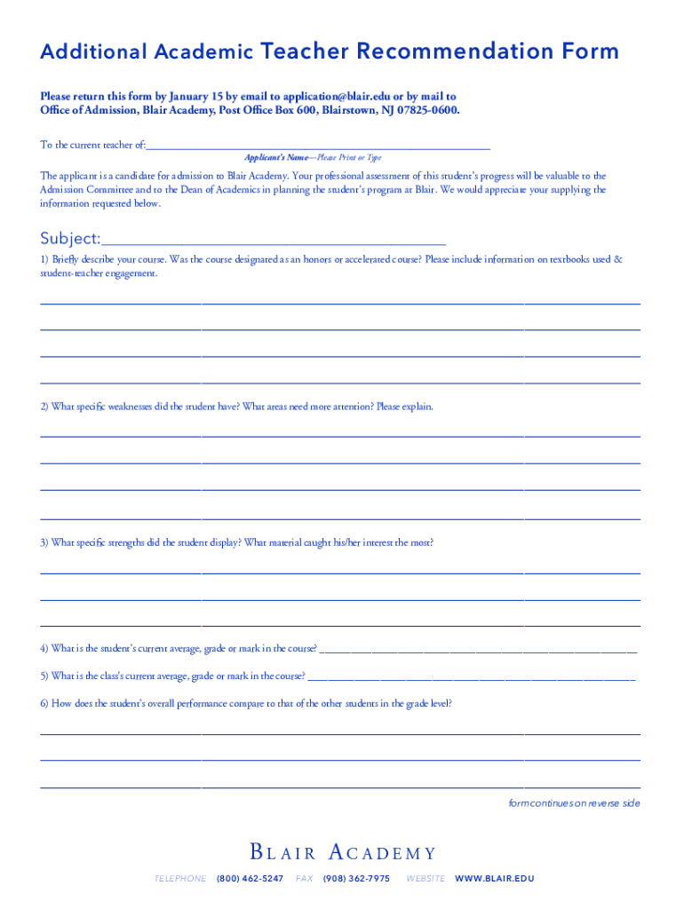 Fillable Online Additional Academic Teacher Recommendation Form Fax ...