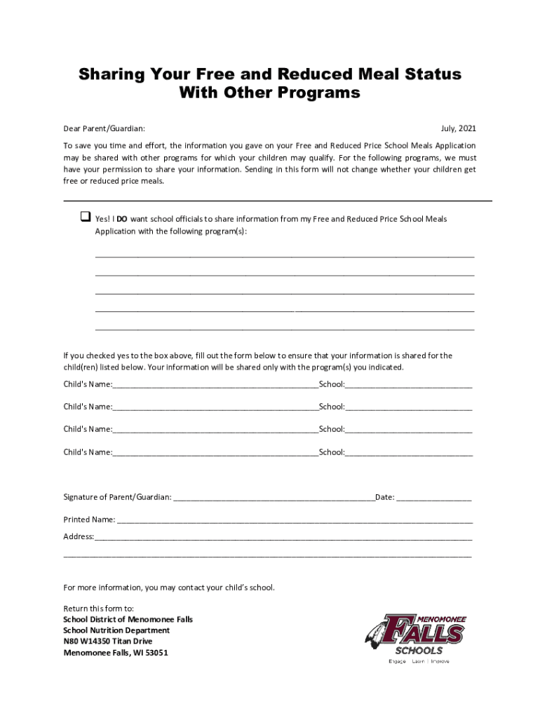 Fillable Online Sharing Your Free and Reduced Meal Status With Other ...