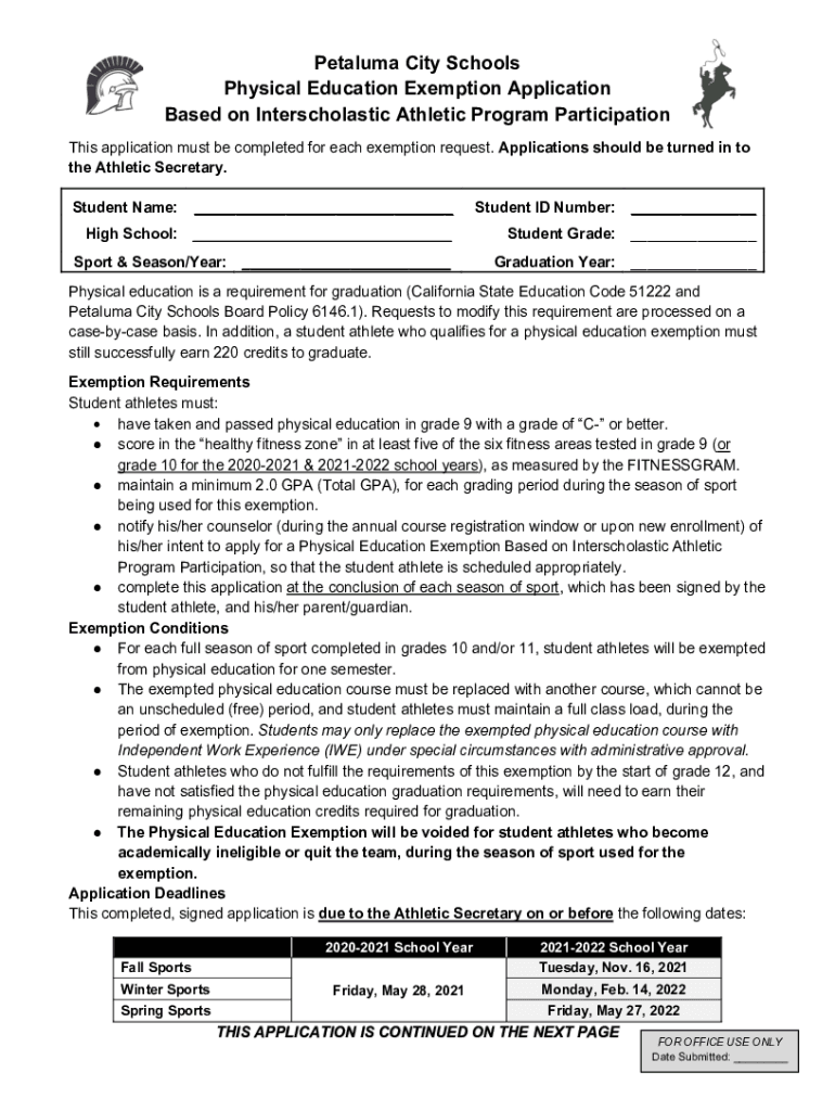 Fillable Online Athletics / PE Exemption Form - Petaluma City Schools ...