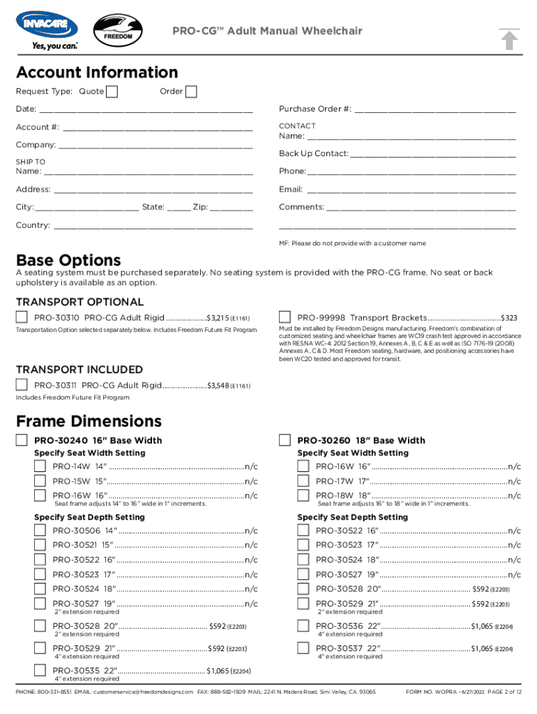 Fillable Online Freedom Designs P.R.O. CG PRO-82711 Manual Wheelchair ...