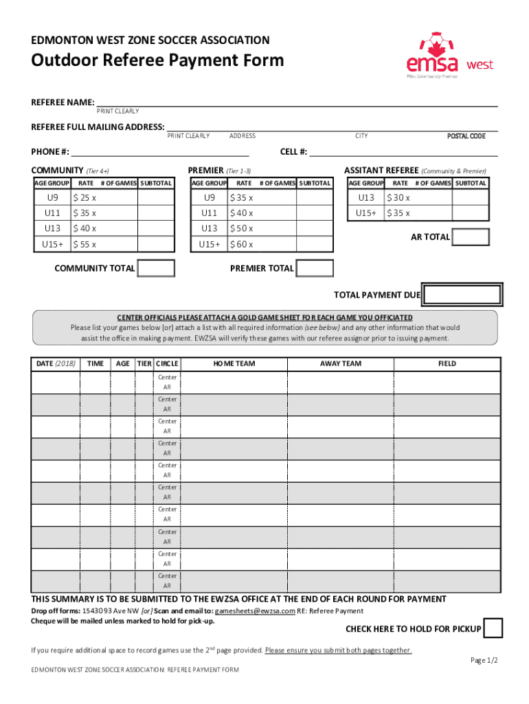 Fillable Online Outdoor Referee Payment Form - EMSA West Fax Email ...