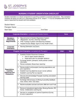Fillable Online NURSING STUDENT ORIENTATION CHECKLIST - Student Centre ...