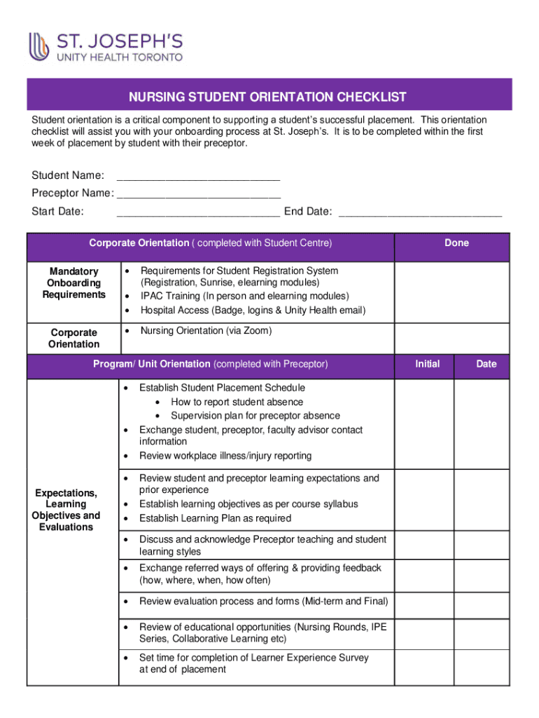 Fillable Online NURSING STUDENT ORIENTATION CHECKLIST - Student Centre Fax Email Print - pdfFiller