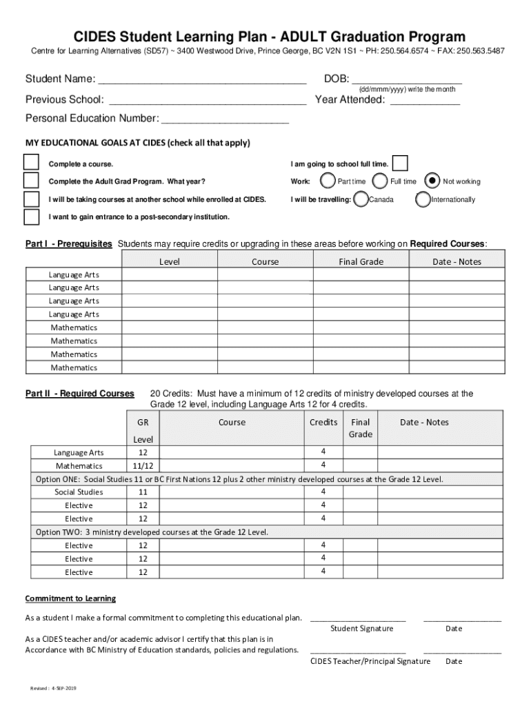 Fillable Online CIDES Student Learning Plan - ADULT Graduation Program ...