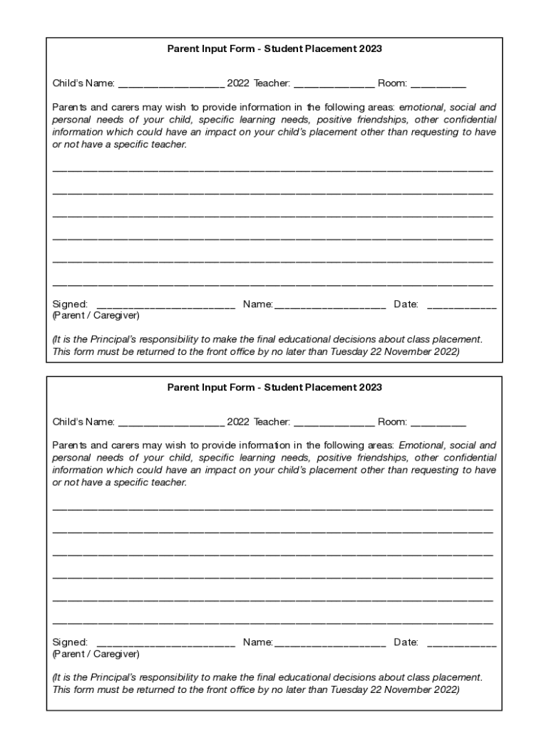 Fillable Online Parent Placement Input Form for SY 2022-2023 Fax Email ...