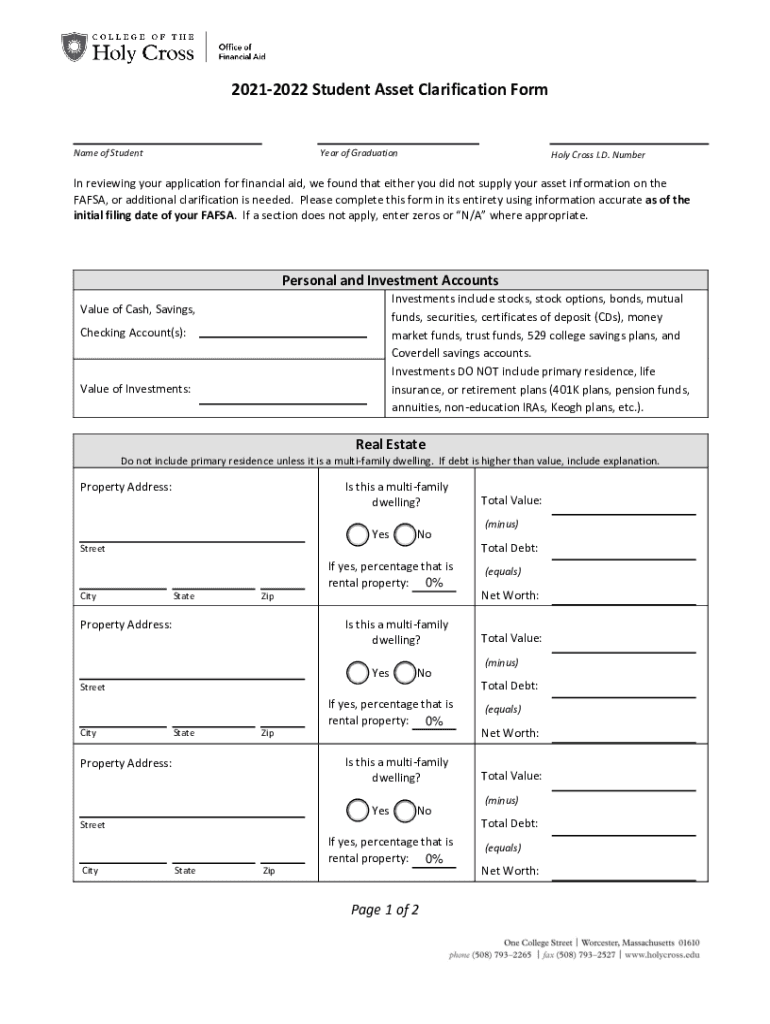 Fillable Online 2021-2022 Student Asset Clarification Form Fax Email ...