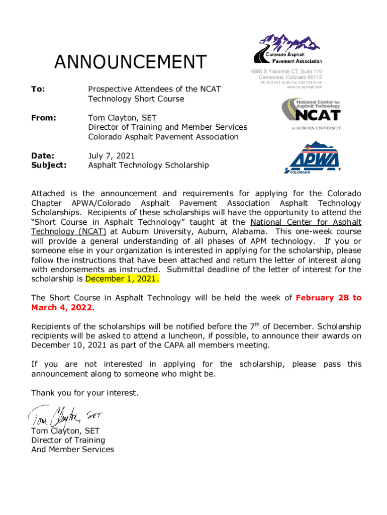 Fillable Online ANNOUNCEMENT - Colorado Asphalt Pavement Association Fax Email Print - pdfFiller