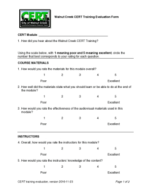 Fillable Online Walnut Creek CERT Training Evaluation Form CERT Module ...
