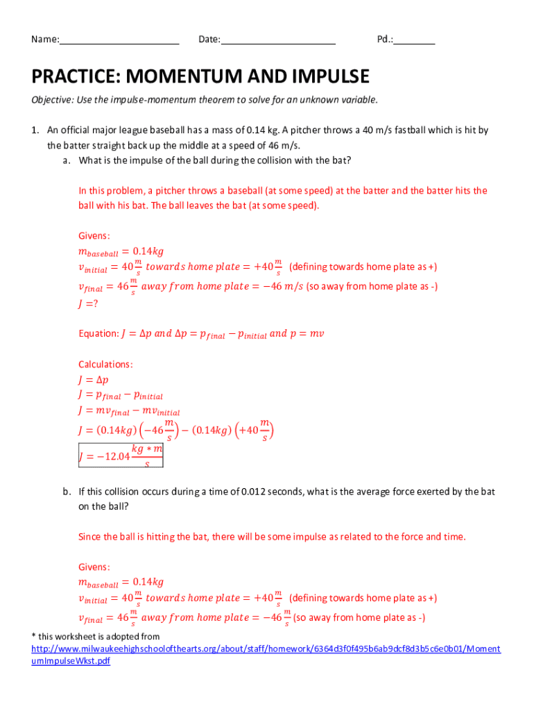 Fillable Online Date : Momentum & Impulse Worksheet 1 - Humble ISD Fax ...