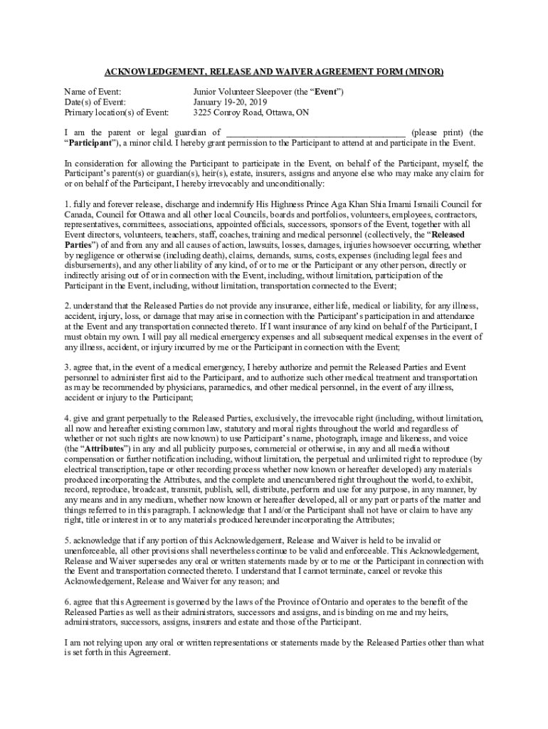 Fillable Online acknowledgement, release and waiver agreement form ...