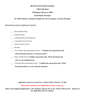 Fillable Online National Honor Society Application Checklist Fax Email ...
