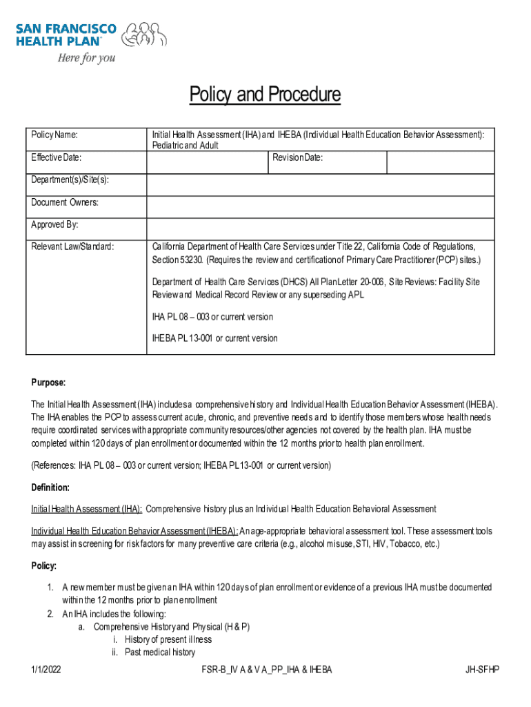 Fillable Online Initial Health Assessment (IHA) and IHEBA (Individual ...