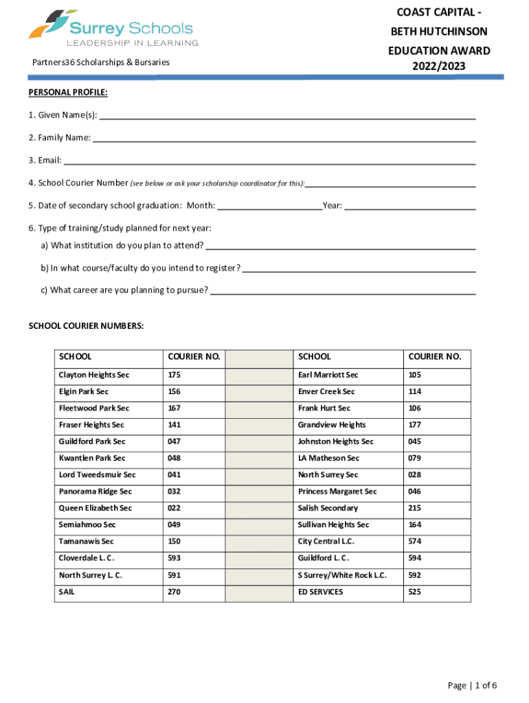 Fillable Online Coast Capital Youth Education Awards 2022 Application ...
