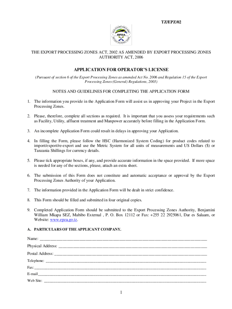 Fillable Online Export Processing Zones (EPZ) - Tanzania Revenue ...