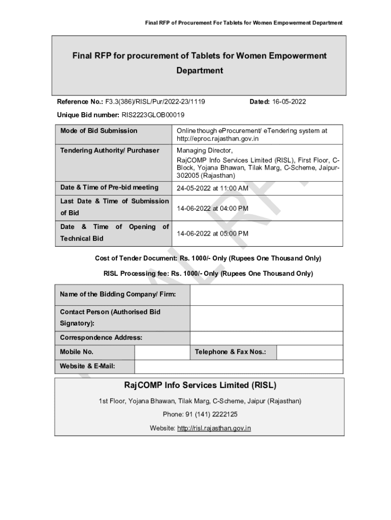 Fillable Online risl rajasthan gov Final RFPForTablets for women empowerment After PreBid ...