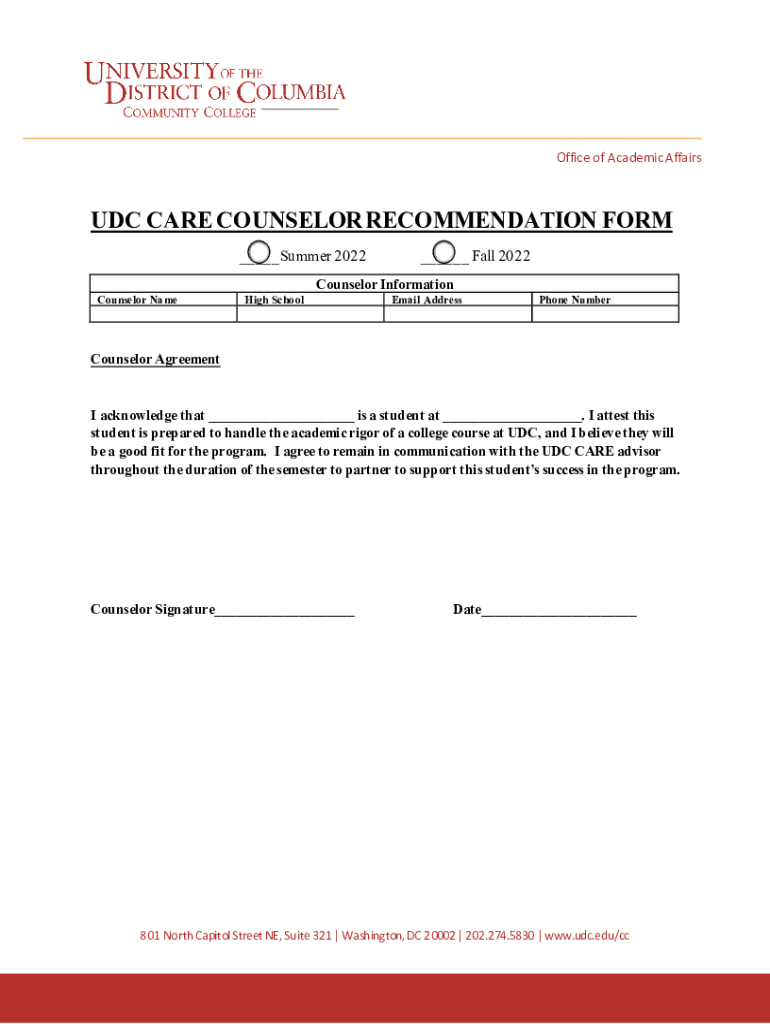 Fillable Online UDC CARE COUNSELOR RECOMMENDATION FORM Fax Email Print - pdfFiller