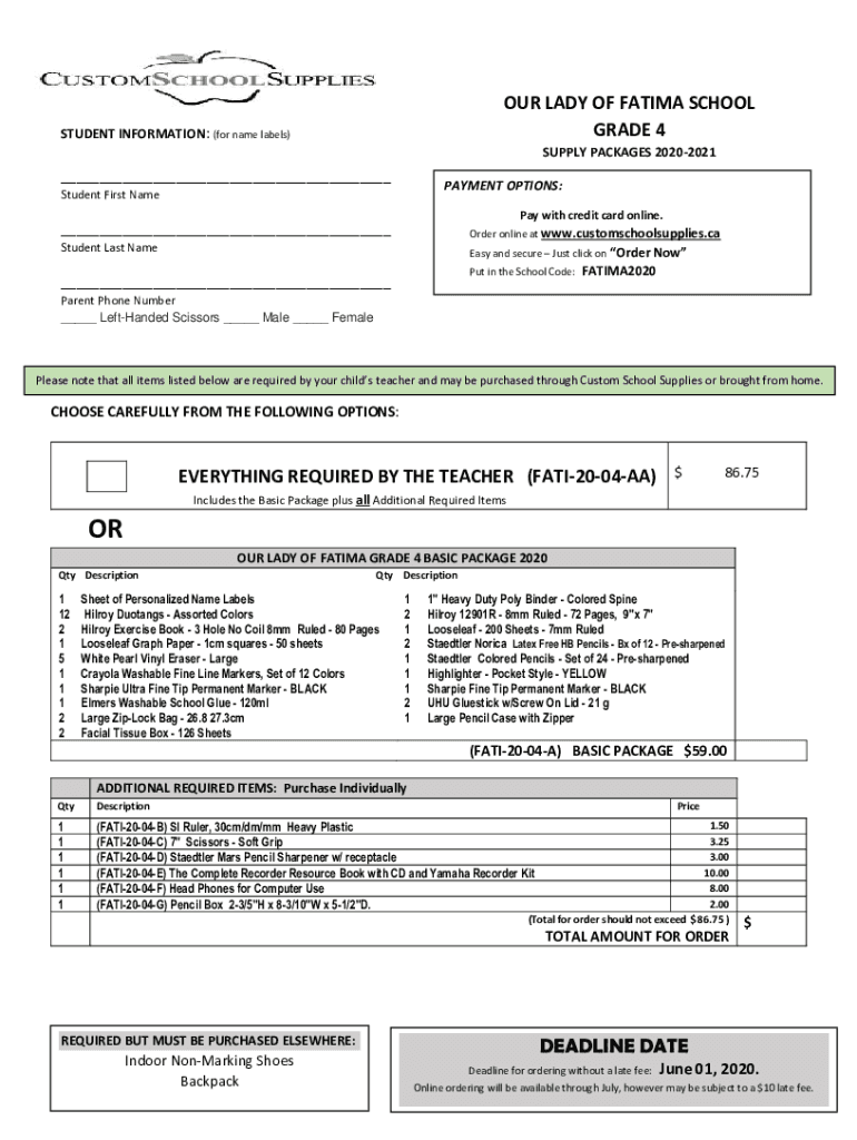 Fillable Online Supply Lists - Our Lady of Fatima Catholic School ...