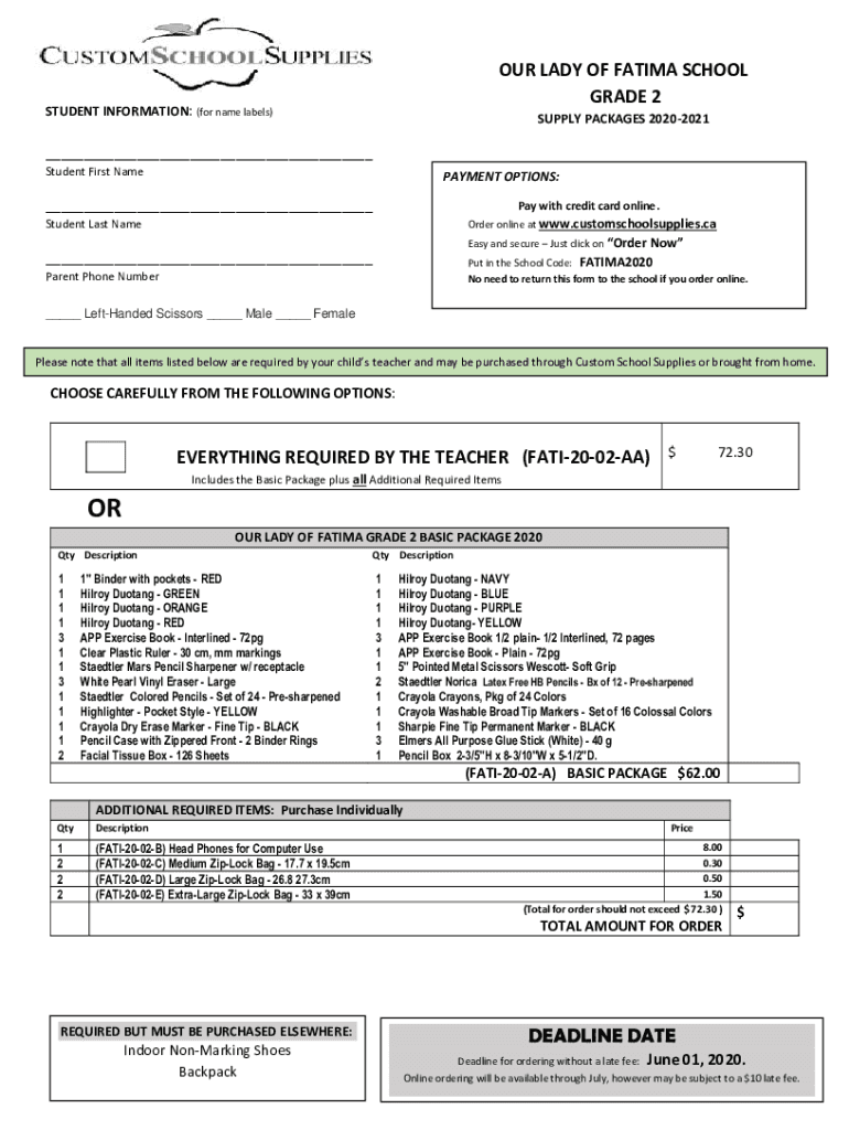 Fillable Online School Supply Lists - Our Lady of Fatima School Fax ...