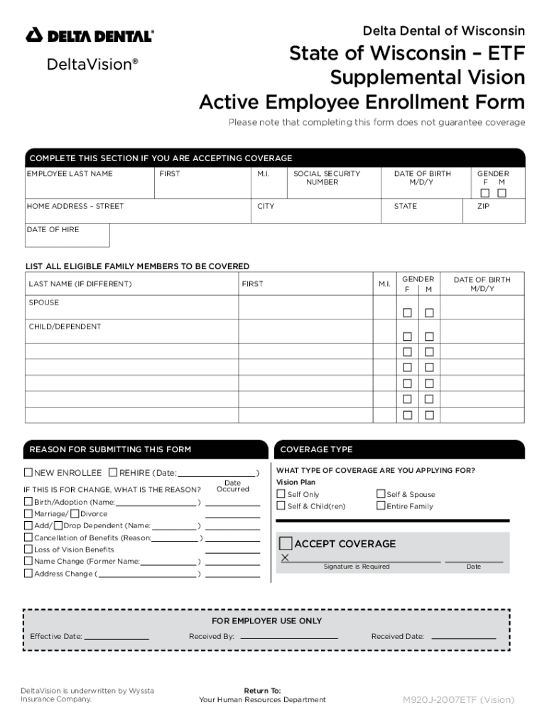 Fillable Online ETF Supplemental Vision Active Employee Enrollment Form ...