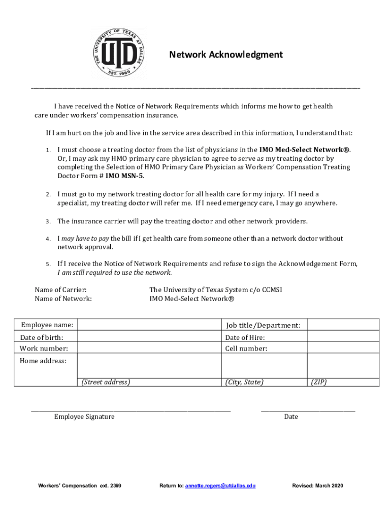 Fillable Online Workers' Compensation Network Acknowledgement Form Fax ...