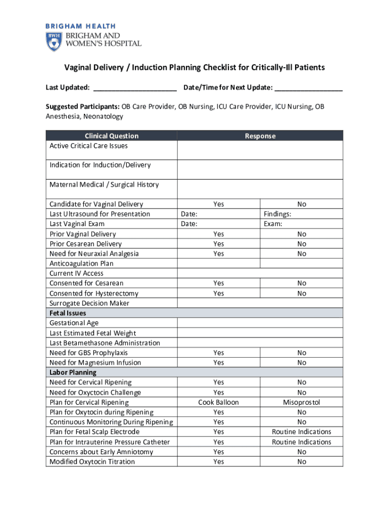 Fillable Online Vaginal Delivery / Induction Planning Checklist for Critically-Ill Patients Fax ...