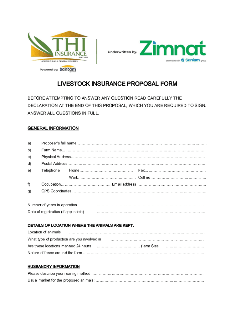 Fillable Online LIVESTOCK INSURANCE PROPOSAL FORM Fax Email Print ...