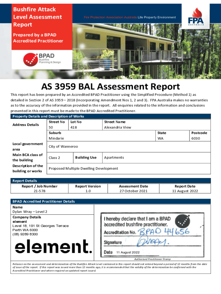 Fillable Online AS 3959 Bushfire Attack Level (BAL) Assessment Report Lots ... Fax Email Print ...