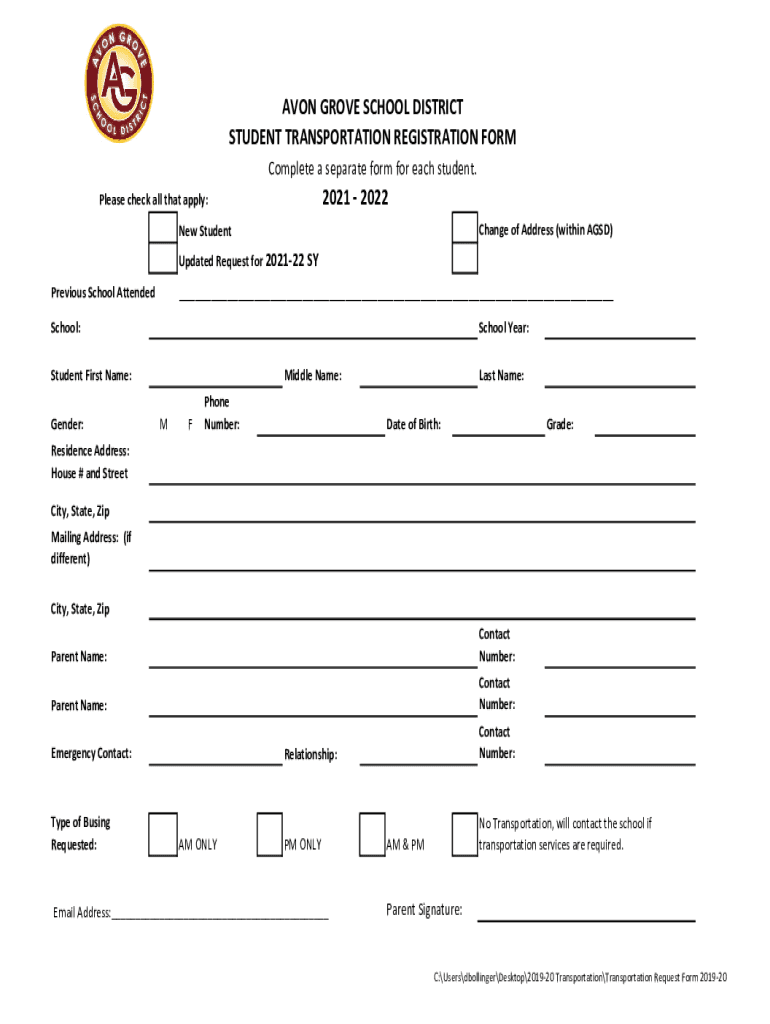 Fillable Online District Transportation Forms - Avon Grove Charter ...