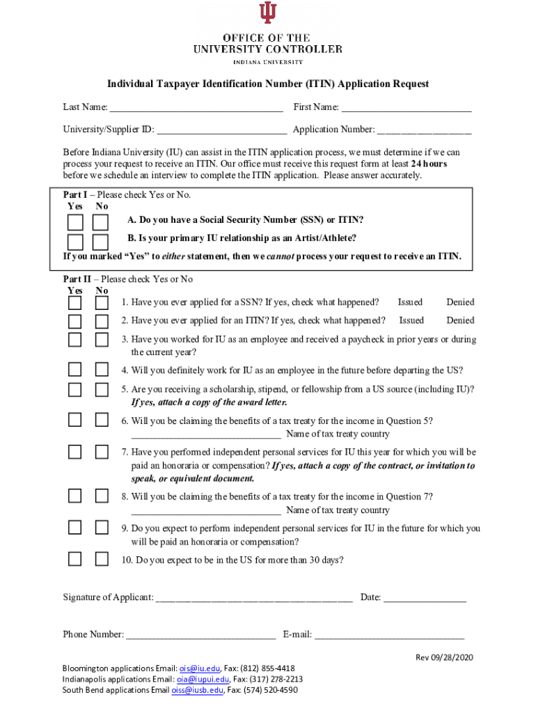 Fillable Online Individual Taxpayer Identification Number (ITIN ...
