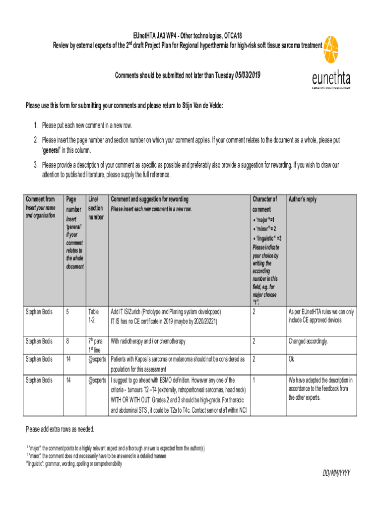 Fillable Online Project Plan Draft comments form external experts and ...