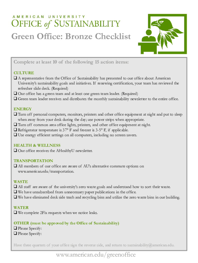 Fillable Online Green Office: Bronze Checklist - American University ...