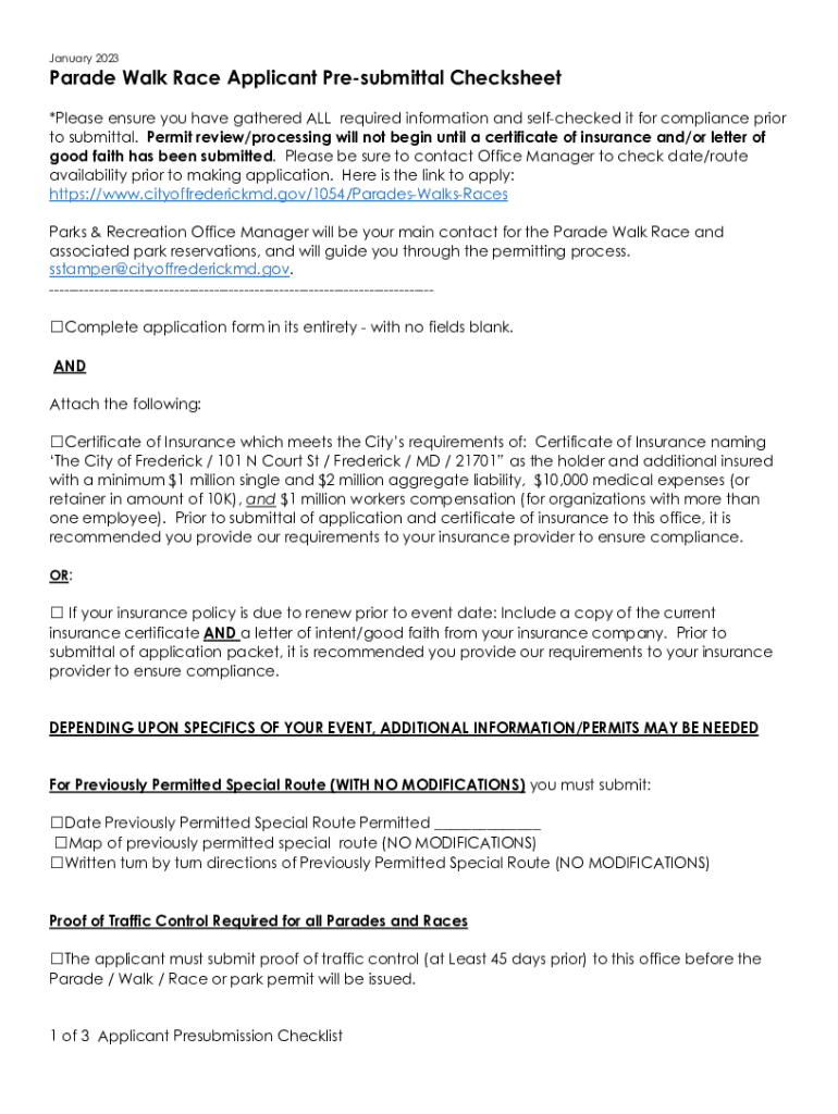 Fillable Online Parade Walk Race Applicant Pre-submittal Checksheet Fax ...