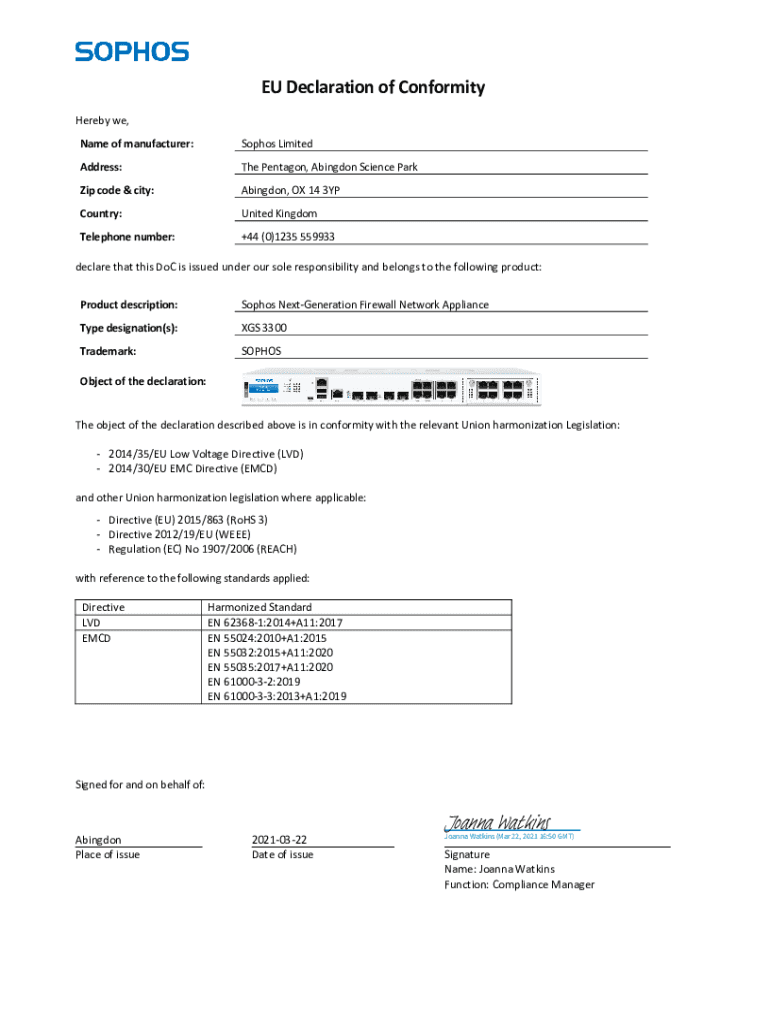 Fillable Online EU Declaration of Conformity Hereby, we, Name of manufacturer Fax Email Print ...