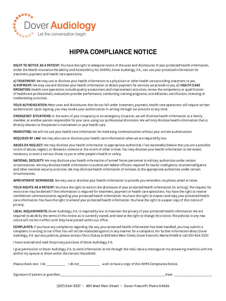 Fillable Online HIPPA COMPLIANCE NOTICE Fax Email Print - pdfFiller