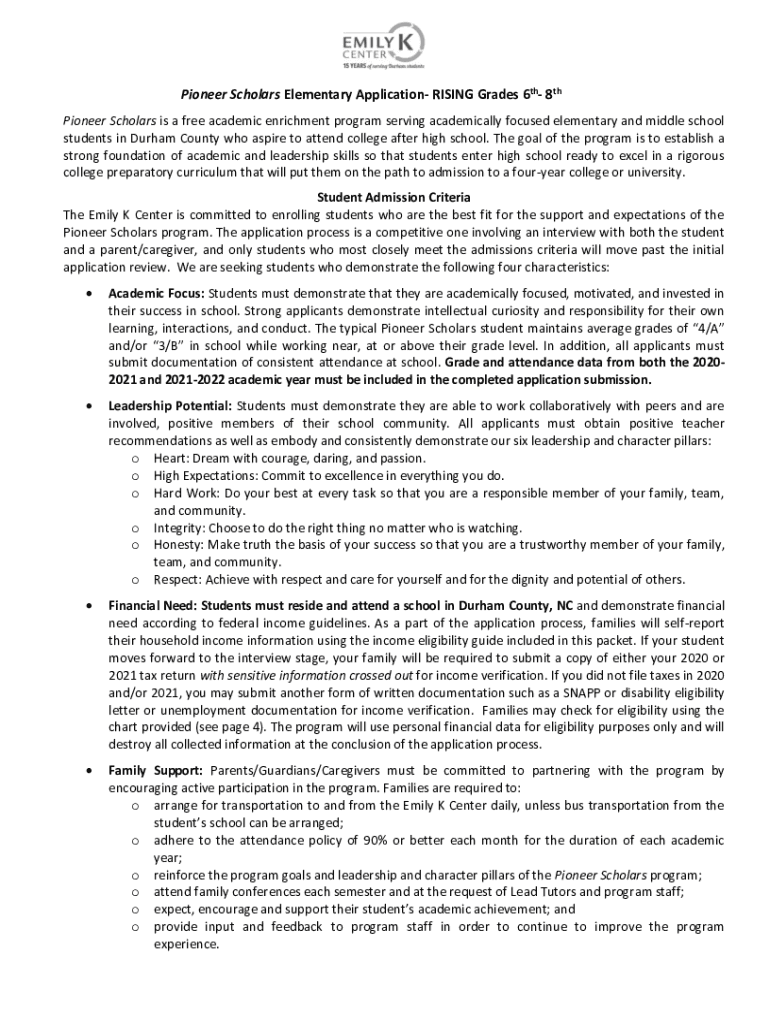 Fillable Online Pioneer Scholars Elementary Application- RISING Grades ...