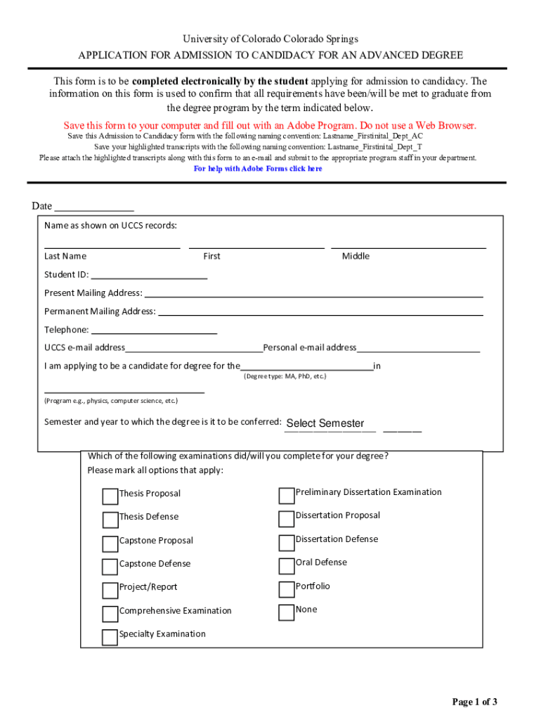 Fillable Online application for admission to candidacy for an advanced ...