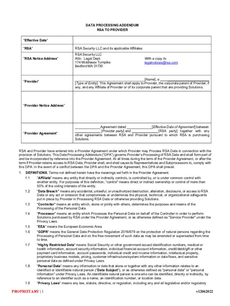 Fillable Online Data Protection Agreement - RSA Security Fax Email Print - pdfFiller