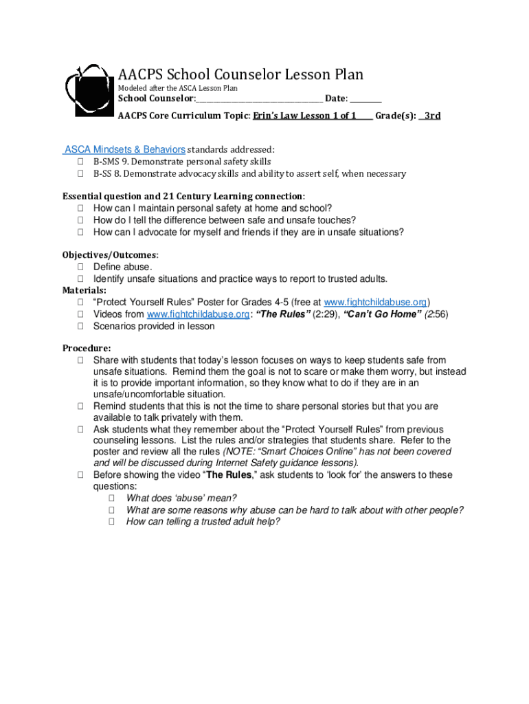 Fillable Online AACPS Core Curriculum Topic: Erin's Law Lesson Fax ...