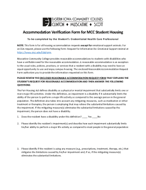 Fillable Online Accommodation Verification Form for MCC Student Housing Fax Email Print - pdfFiller