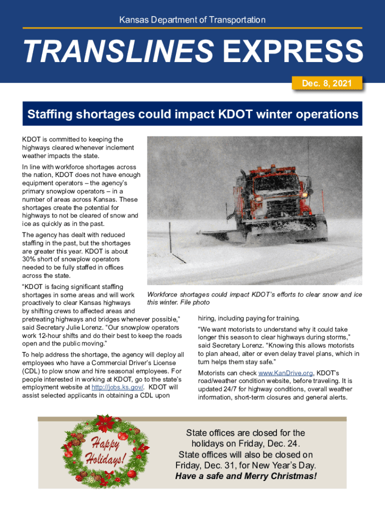 Fillable Online Staffing shortages could impact Kansas roads this winter Fax Email Print - pdfFiller